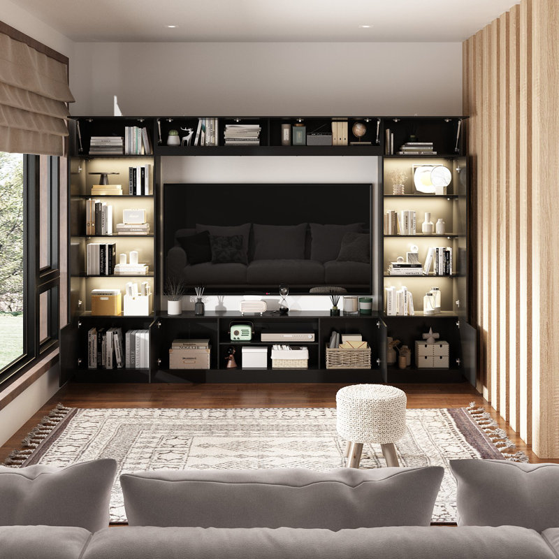 Latitude Run 114.2 W Entertainment Center With LED Lights Bookcases Open Shelves Reviews Wayfair